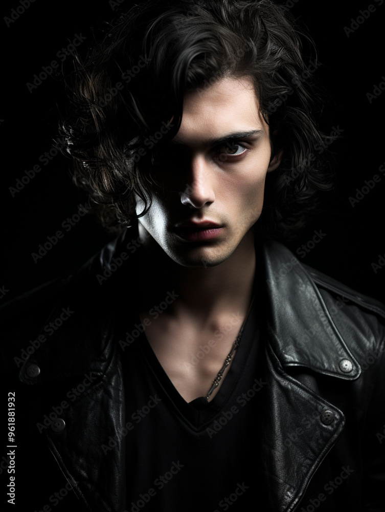 Young male model with a serious expression, dramatic lighting, indoor ...