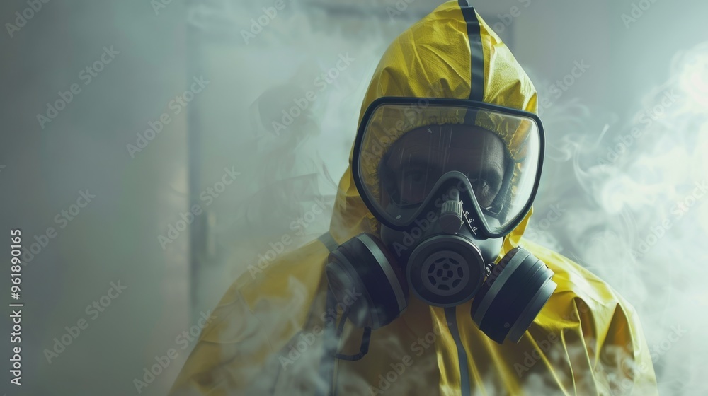 An individual in a yellow hazmat suit and gas mask stands amidst dense ...