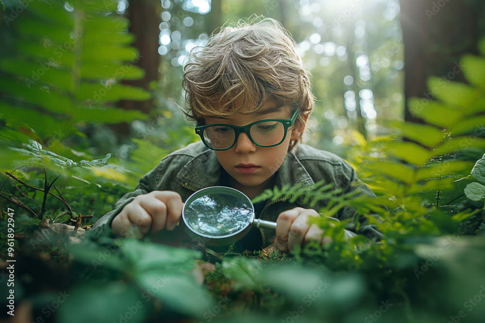 Curious young boy exploring nature with magnifying glass. Depicts ...