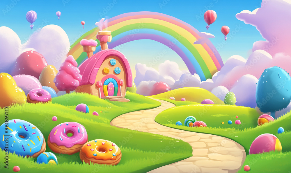 Candyland background with rainbow, candy house and lollipops on the ...