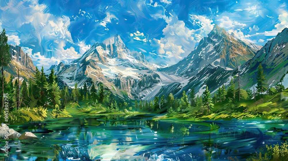 Neo-Expressionism wallpaper with intense colors showing a lake green ...