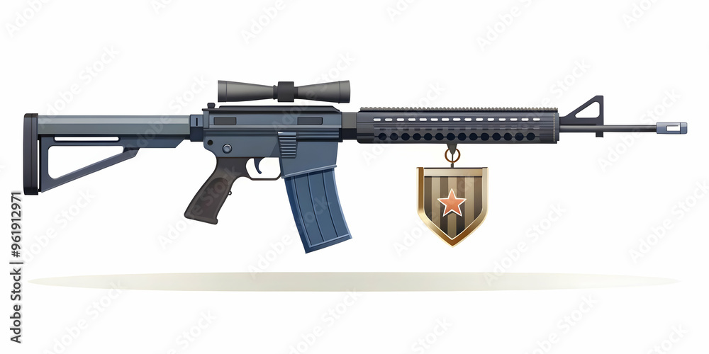 Flat Vector Illustration of a Rifle and Military Badge Gently Floating ...