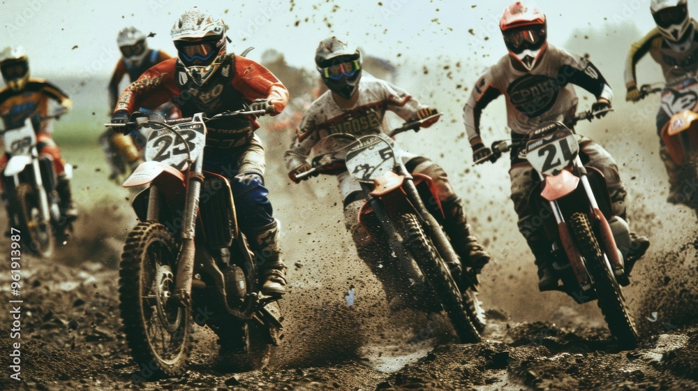 Motocross riders aggressively maneuver through a muddy track, capturing ...