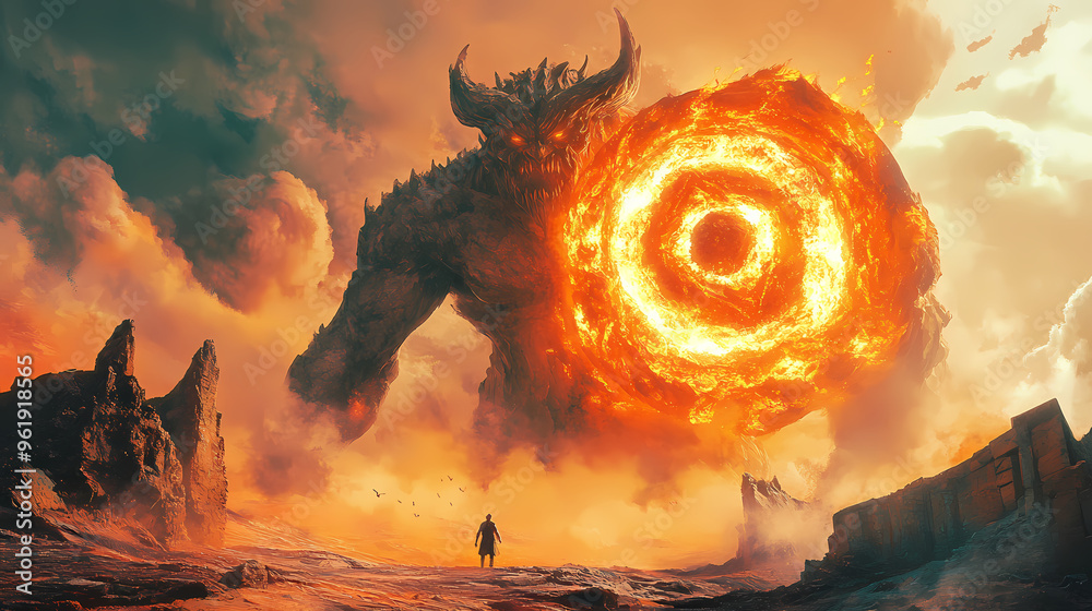 Giant demon statue summoning fire portals in a volcanic landscape ...