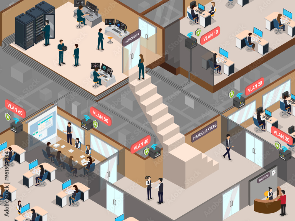 Office Automation. Network Diagram Illustration VLAN. Virtual Local ...