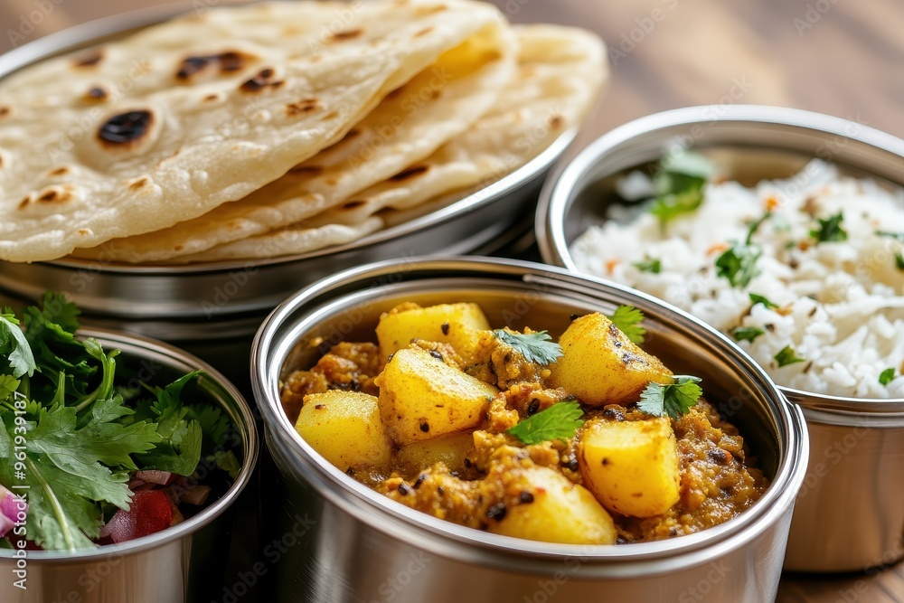 Stainless steel lunch box with North Indian or Maharashtrian food menu ...