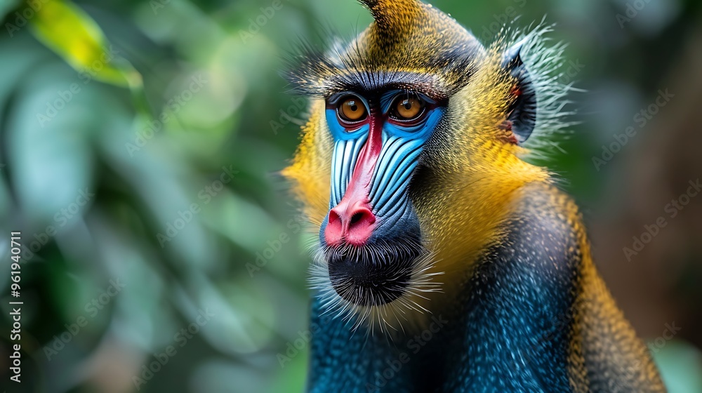 Colorful mandrill with vibrant facial markings, rainforest: A colorful ...