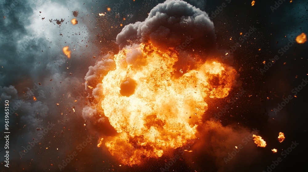 Powerful explosion with billowing smoke and fire engulfing the scene ...