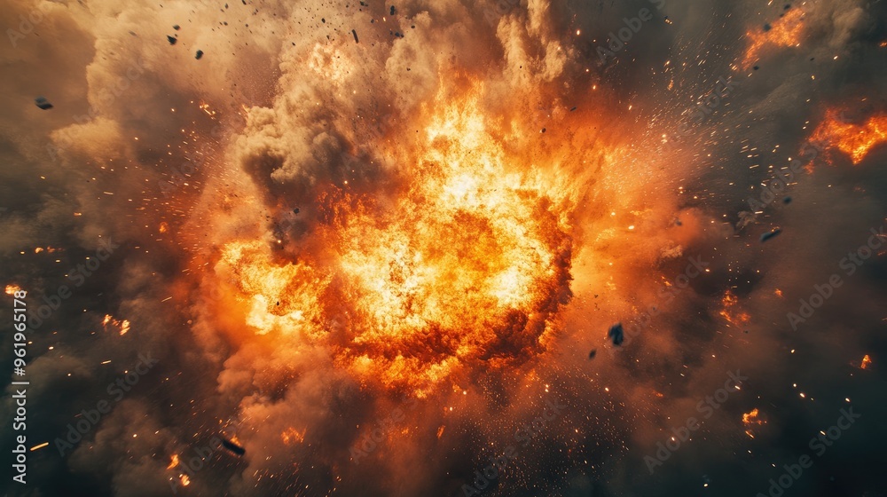 Powerful explosion with billowing smoke and fire engulfing the scene ...