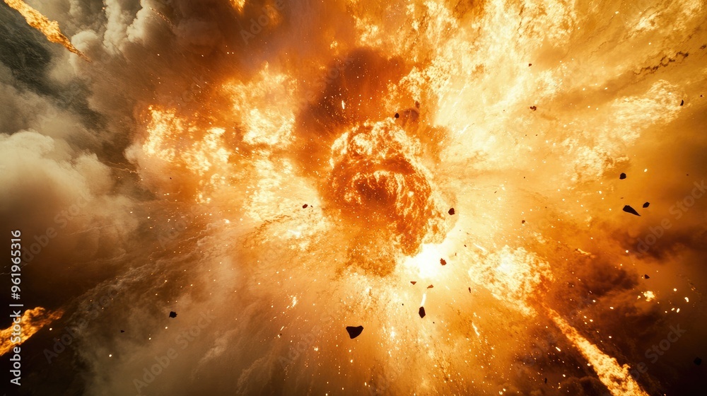 Powerful explosion with billowing smoke and fire engulfing the scene ...