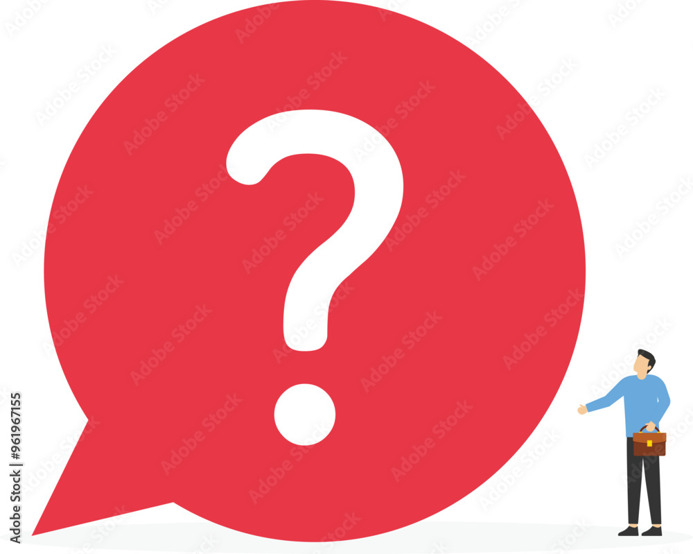 Entrepreneur thinking with big question mark sign in speech bubbles ...