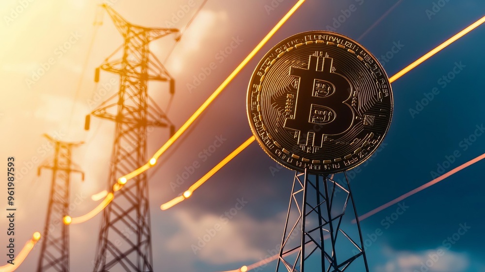 Bitcoin Mining Energy Consumption, visual metaphor, glowing power lines ...