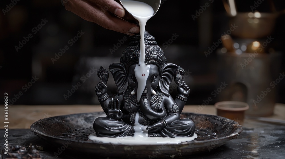 Black stone Ganesha statue is pouring white milk on an antique Ganesha ...