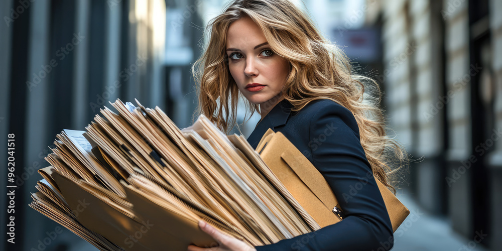 Woman in office suit carrying large stack of folders and papers ...