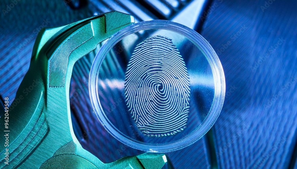 forensic technology highlighting fingerprint analysis through a magnifying glass, detailed ...