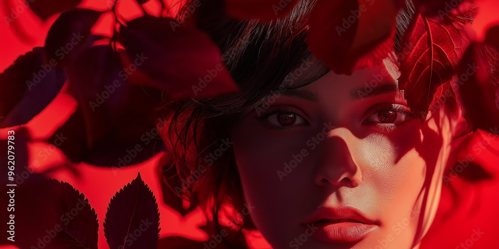 An artistic portrait featuring dark and red hues and a woman's face, emphasizing dramatic visual ...