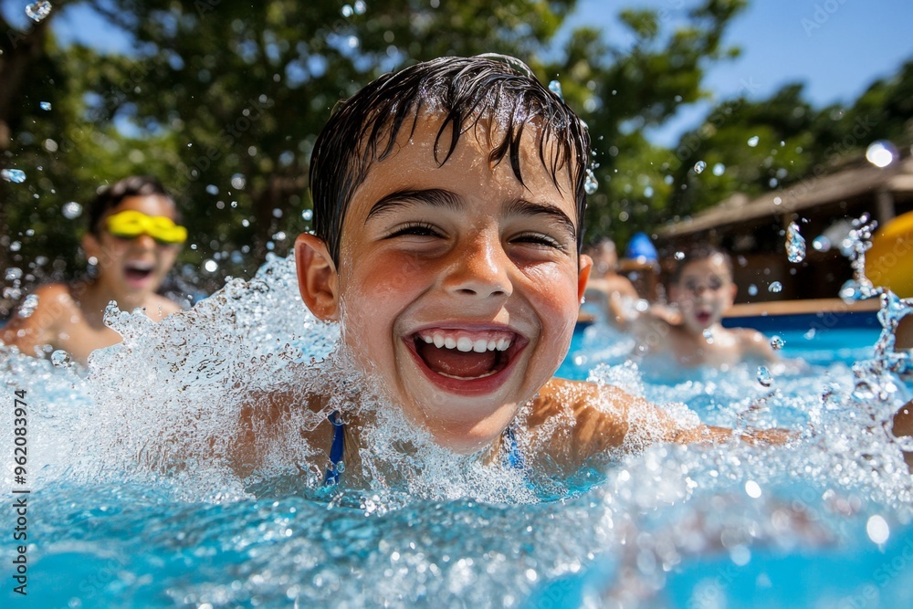 Children in the pool, cannonball splashes, waves of fun make a huge ...