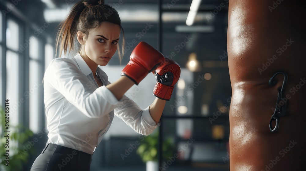 Confident businesswoman boxing in office with punching bag, combining ...