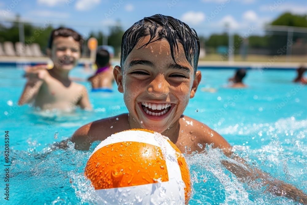 Children in the pool, water volleyball, fun in teams keep the ball ...