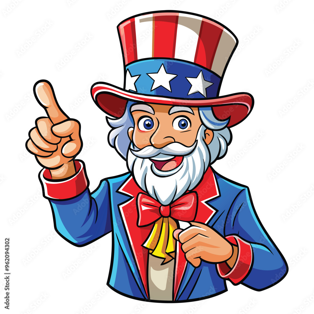 Patriotic man cartoon illustration, happy expression, pointing ...