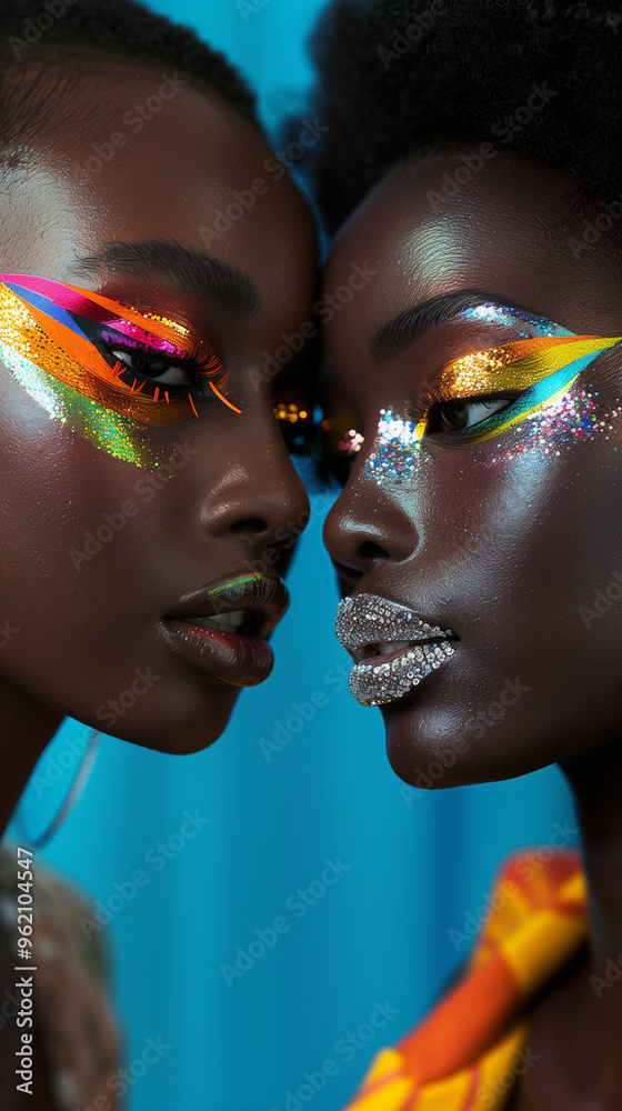 Fashion studio profile portrait of two black women wearing bold strong ...