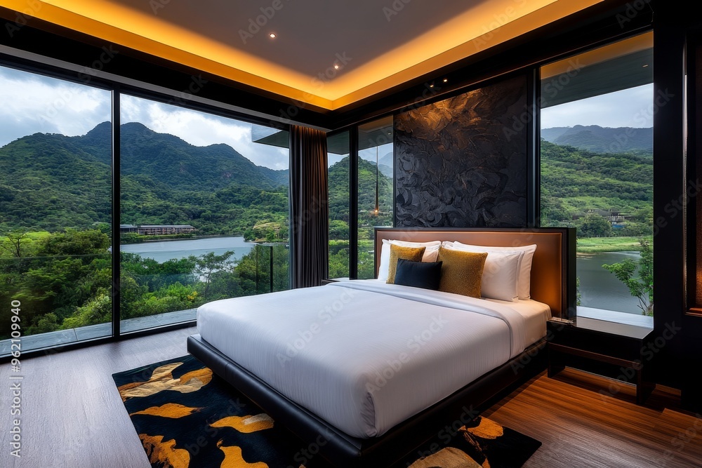 Hotel room, panoramic windows, natural light floods the room with ...