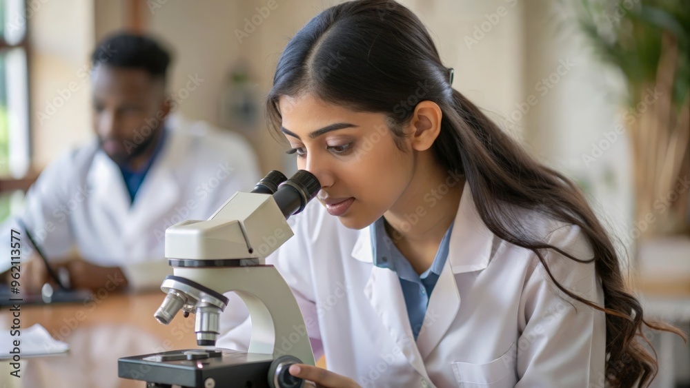 Indian student working in a biology lab, using microscopes to observe ...