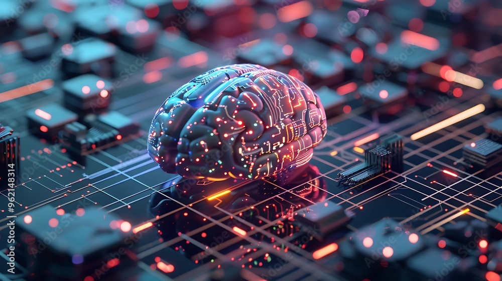 Digital brain representation, illuminated with connections and data pathways, symbolizing AI and ...