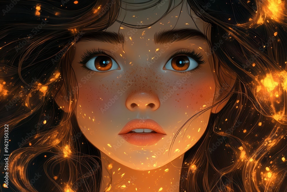 whimsical cartoon heroine spirited young girl with flowing brown hair ...