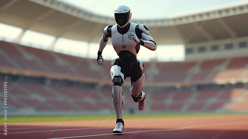 AI robot running in an olympic sprint race. Artificial intelligence ...