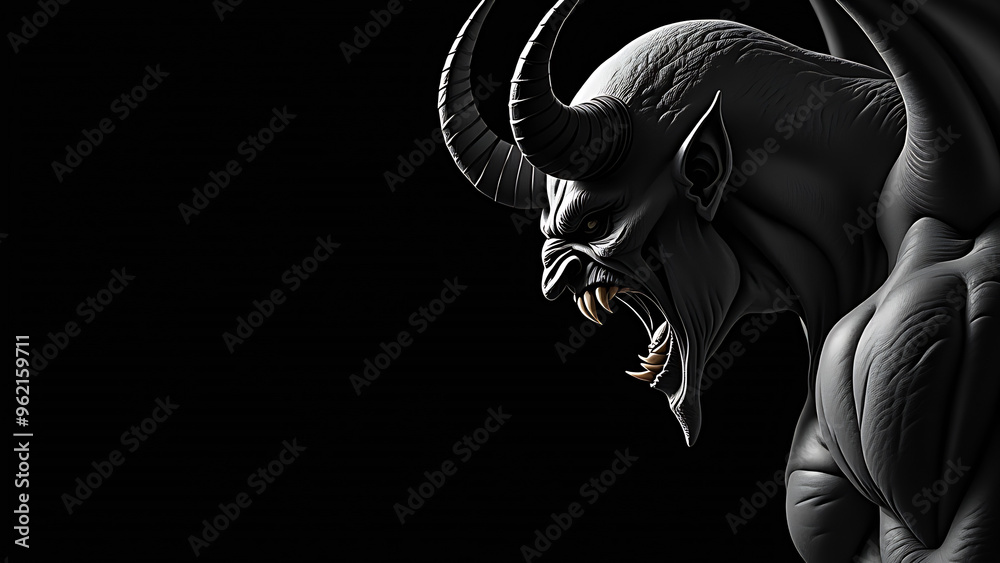 Angry devil profile with copy space for text - black background ...