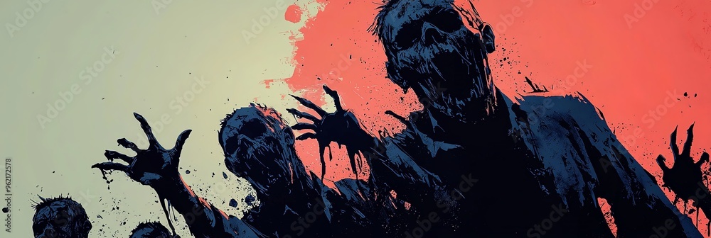 Grotesque and menacing zombies reaching out in a dramatic moonlit scene ...