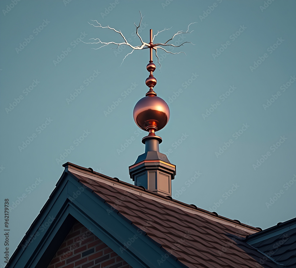 Copper topped lightning rod positioned on the rooftop of a traditional ...