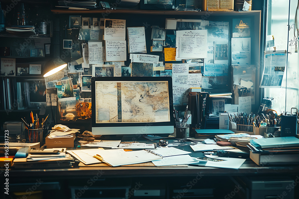 Messy desk with completed work shows a productive workspace filled with ...
