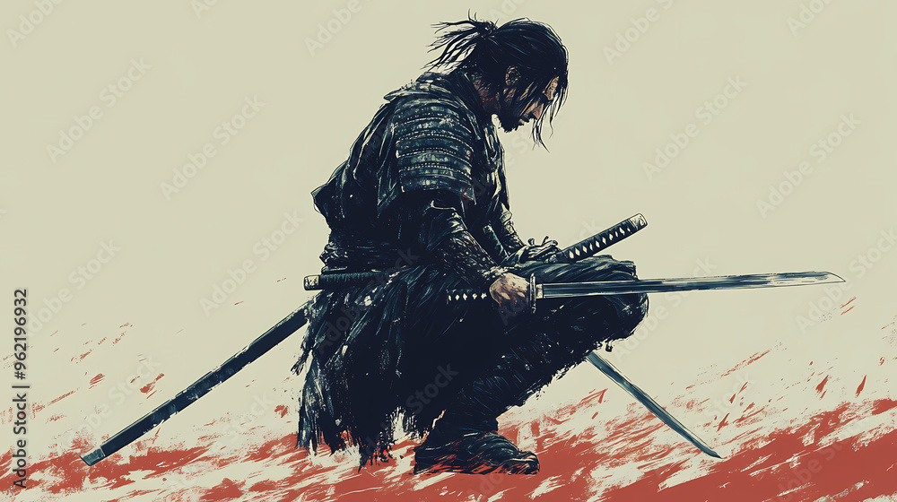 Artwork illustration of japanese samurai warrior kneeling with swords ...