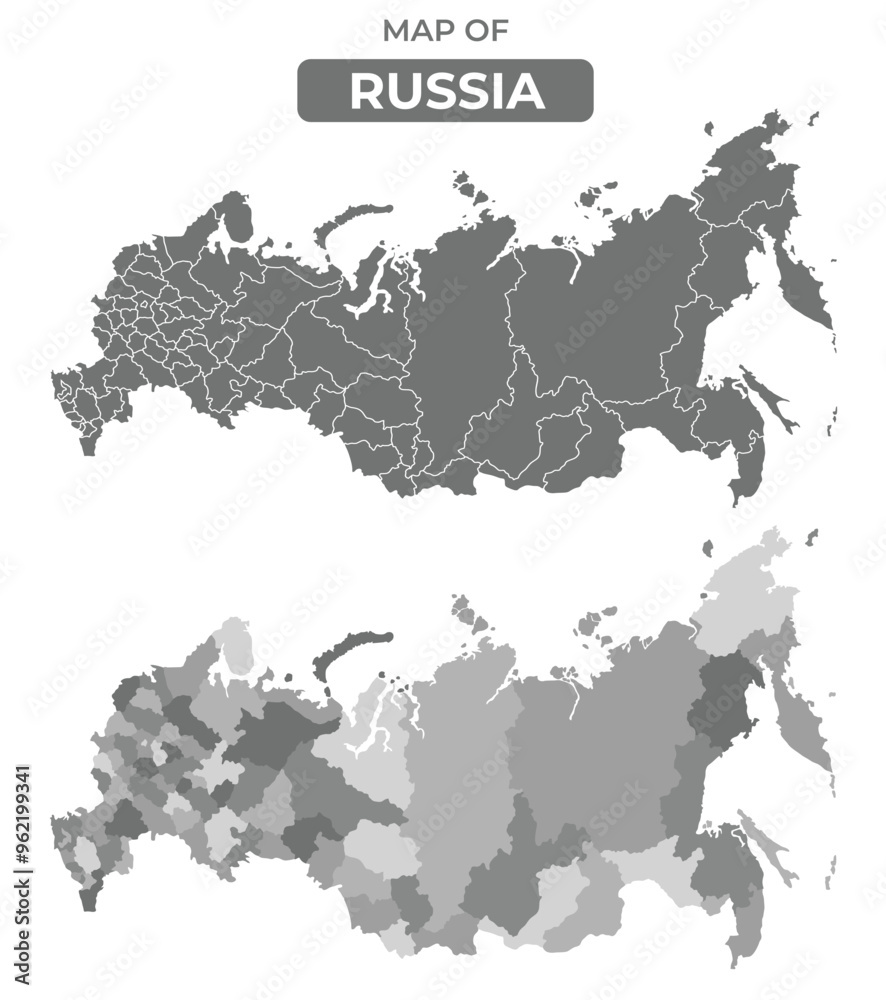 Greyscale Russia political map with borders outline style vector ...