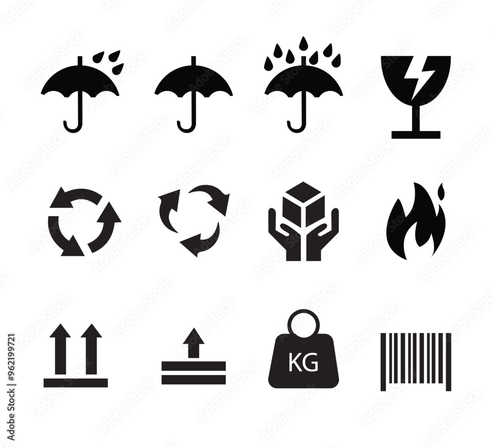 Vector packaging symbols set |Carton Cardboard Box Icons. protect from ...