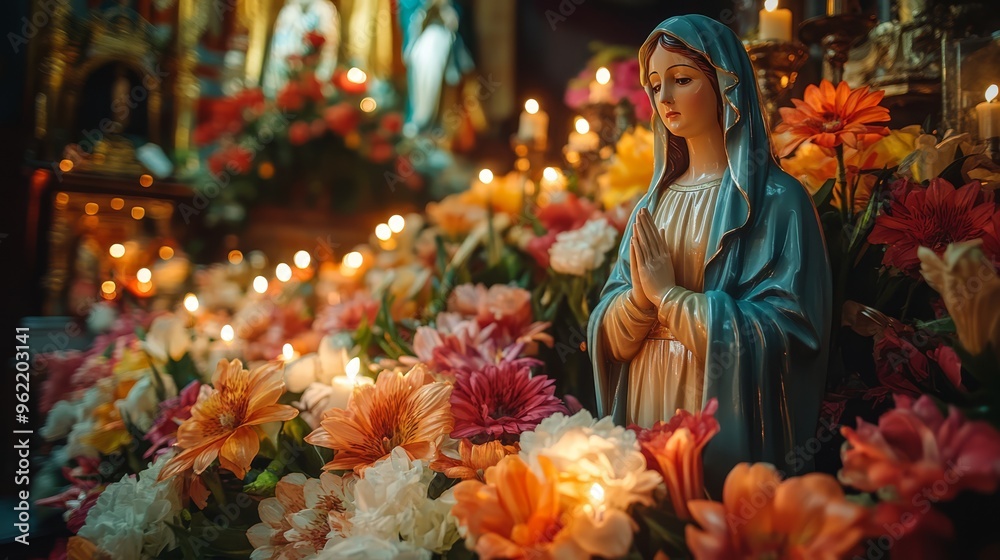 A beautifully adorned altar features a Virgin Mary statue surrounded by ...