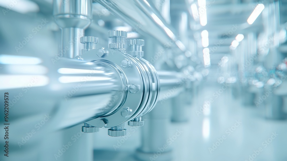 Industrial landscape featuring steel pipelines, interconnected valves ...