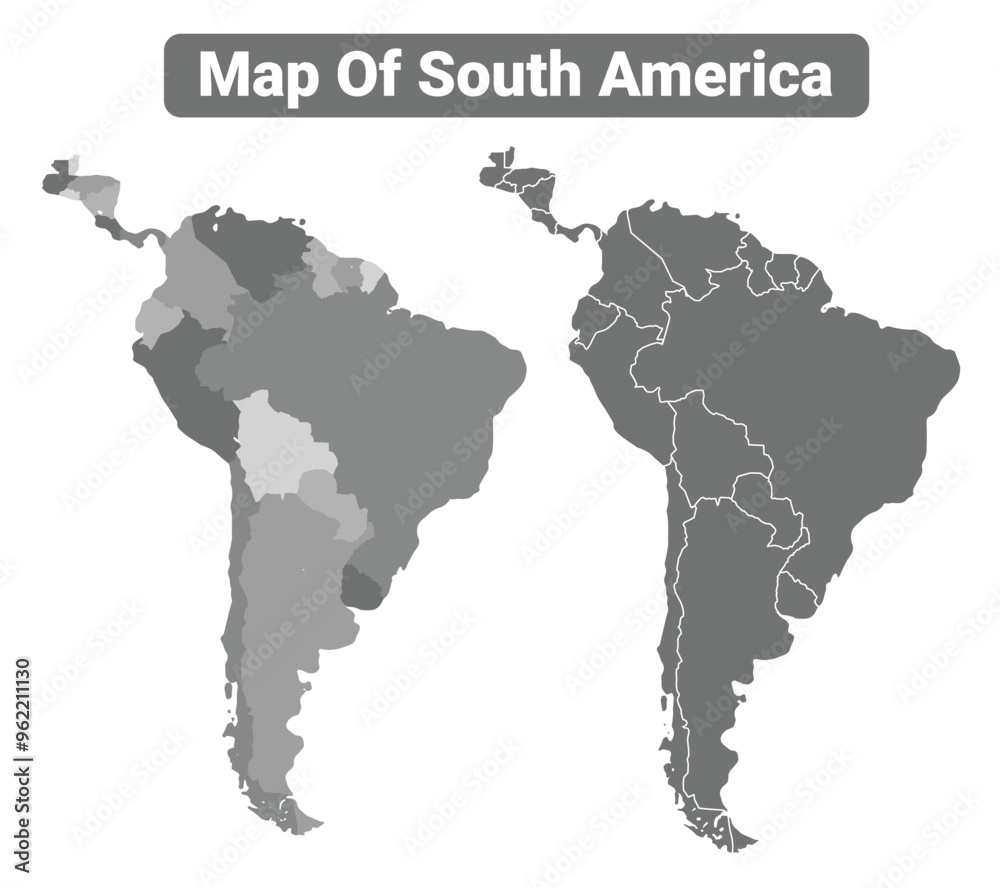 Greyscale South America political map with borders outline style vector ...