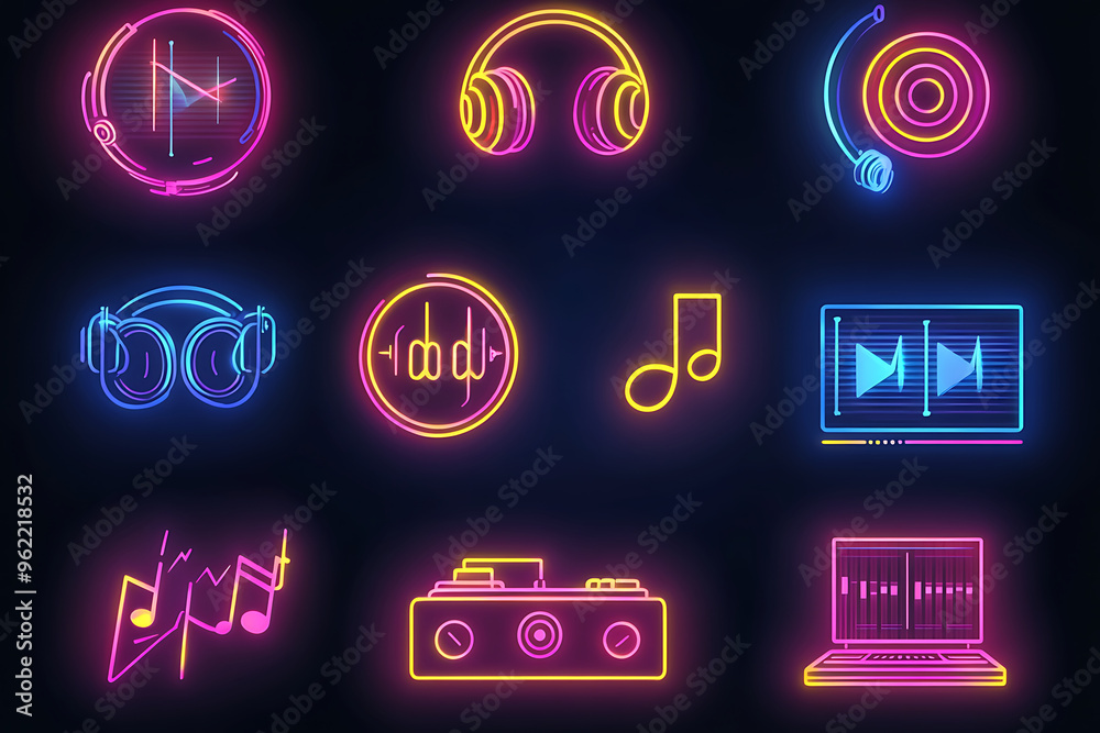 Music neon icons collection. Drum kit, headphones and microphone. Notes ...
