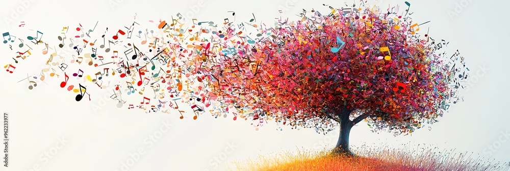 This artistic piece illustrates a tree whose colorful leaves are made ...