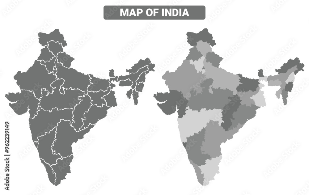 Greyscale India political map with borders outline style vector ...