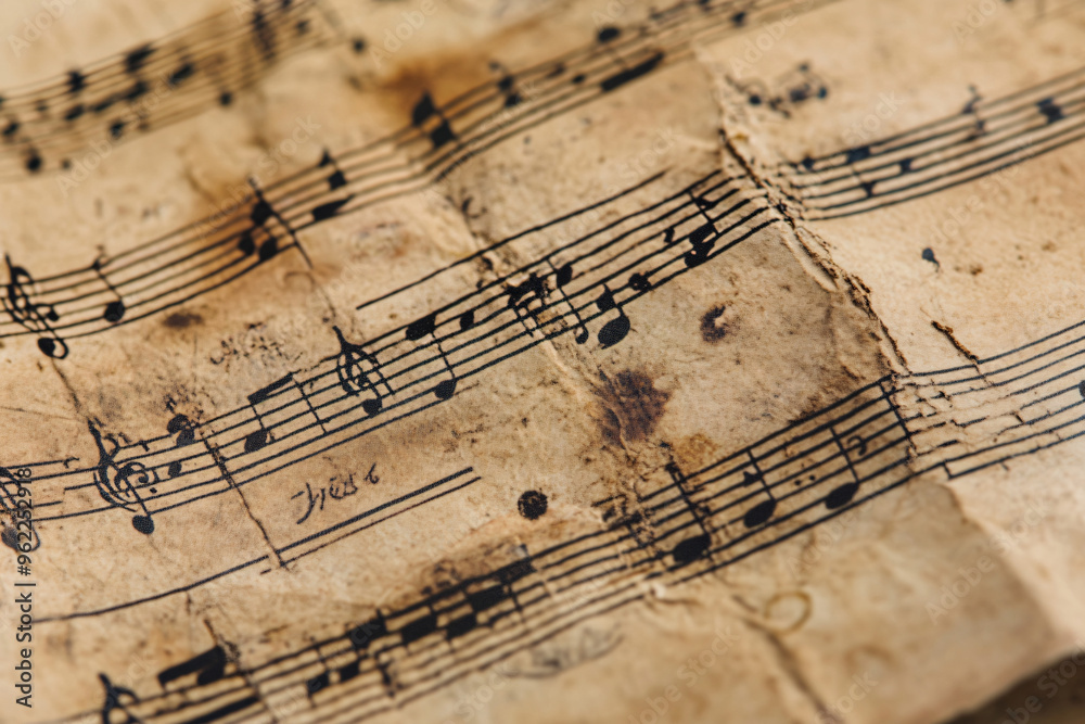 old and worn sheet of music featuring handwritten notes and visible ...