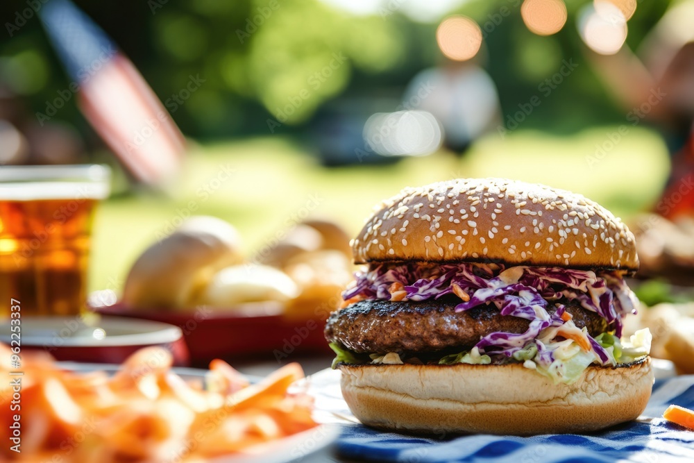 Labor Day Cookout Celebration. Background with Hamburger, Coleslaw and ...