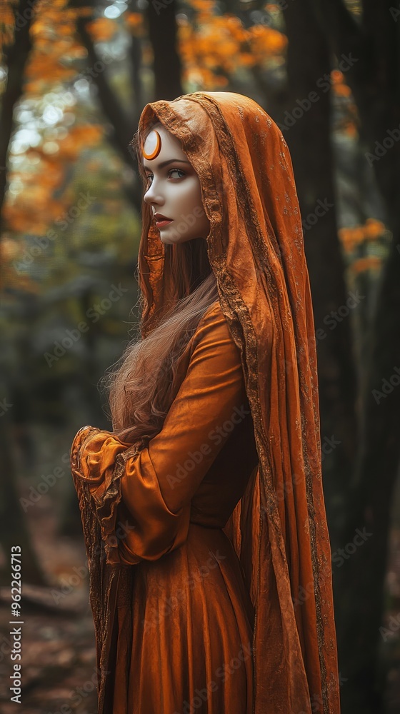 Art photo. Fantasy woman priestess pagan witch, moon sign on forehead ...