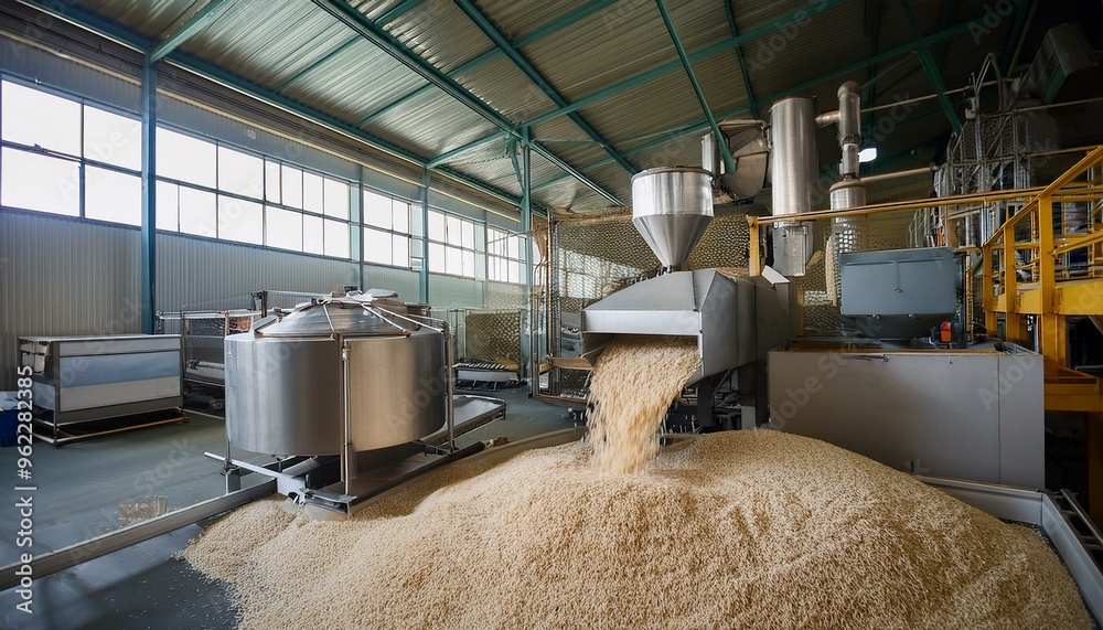 the industrial process of milling dried rice, where husks are removed ...