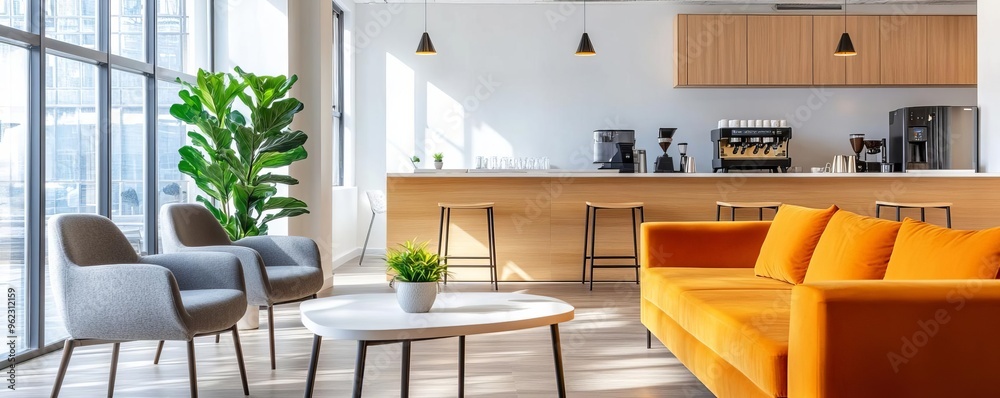 Co-working lounge with sleek furniture, a coffee bar, and open floor ...