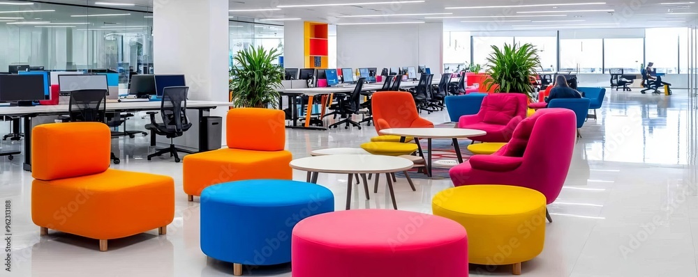 Creative co-working hub with colorful decor, brainstorming zones, and ...