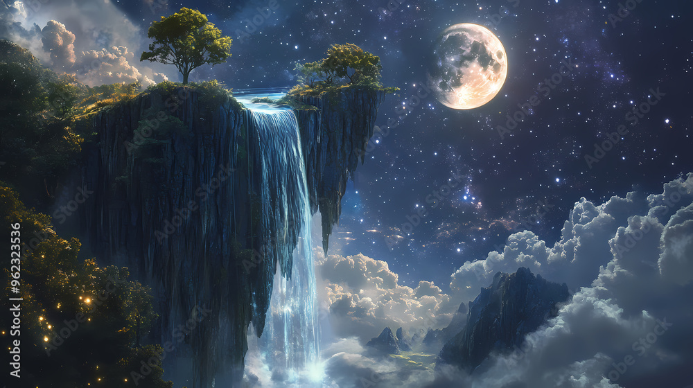 Surreal landscape of a colossal floating island with a cascading ...